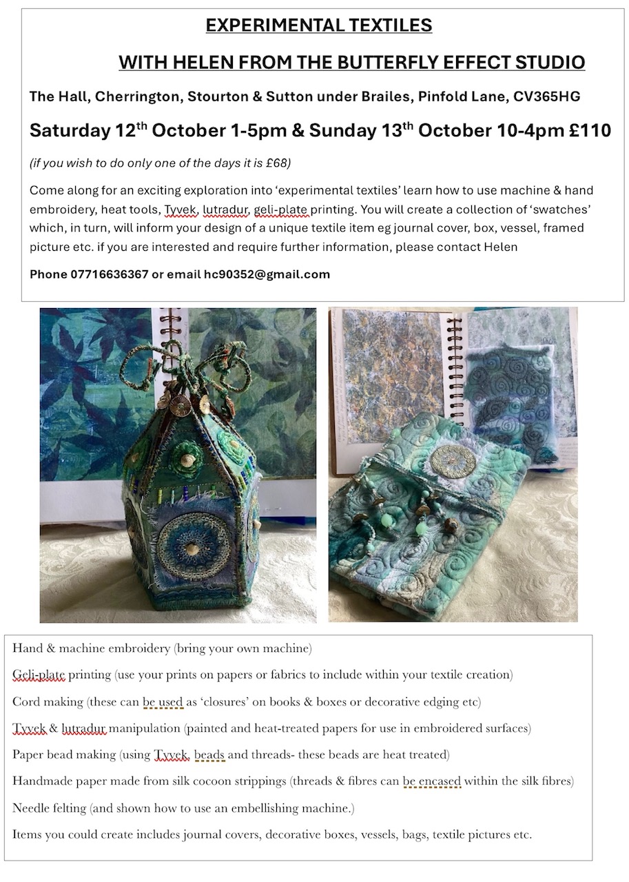 Experimental Textiles Workshop October 12th /13th at The Hall | Cherington and Stourton Village